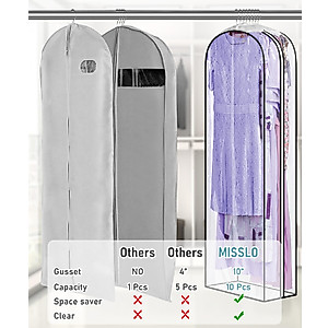 MISSLO 10" Gusseted All Clear Garment Bags for Hanging Clothes 60" Dress Bags for Gowns Long Fur Coat Closet Storage Covers, 3 Packs