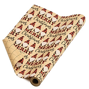 RUSPEPA Kraft Christmas Wrapping Paper Roll - Mini Roll - Red and Black Plaid Gnome Design for Holiday Gift Wrap - 17.5 Inches X 32.8 Feet