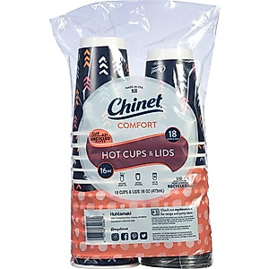 Chinet Double-Wall Hot Cups & Lids, 16 oz, 18 Ct