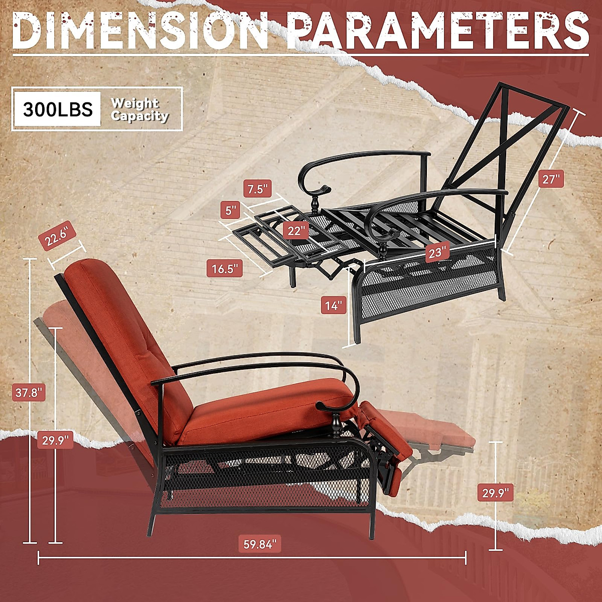 Patiomore 2 Pack Patio Adjustable Lounge Chair, Outdoor Recliner Metal Automatic Chaise Chair with Removable Cushions, Red