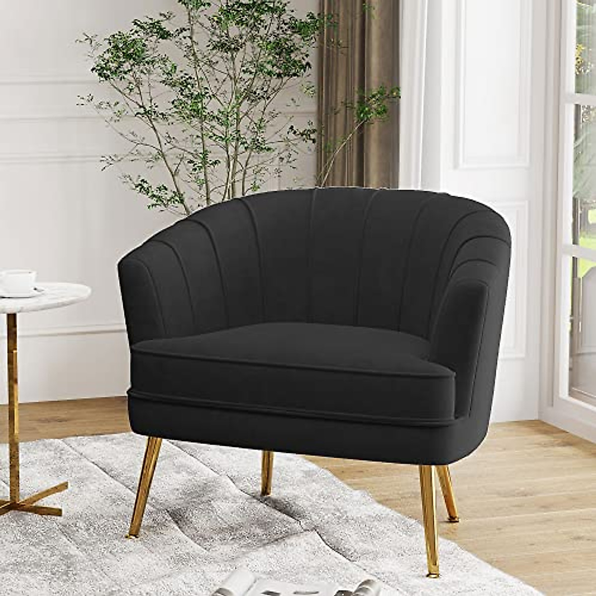 SHINEBOOM Velvet Accent Chairs for Living Room Bedroom Office Leisure Upholstered Single Sofa Chair Arm Chair Comfy Chair Reading Club Coffee Chair with Metal Legs, Black