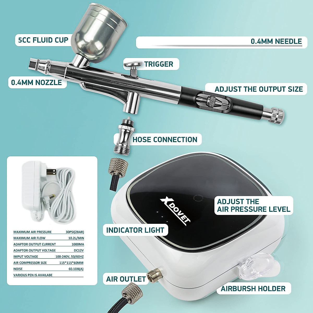 XDOVET Airbrush Kit 30PSI, Airbrush Set with Compressor, Mini Airbrush Compressure Kit for Makeup, Cake Decorating, Nail Art, Painting, Tattoo, DIY Modeling with Air Brush Set
