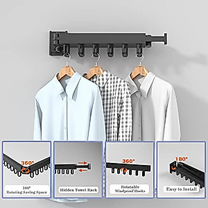 Zomhusea Clothes Drying Rack,Retractable Clothes Drying Rack Wall Mounted Clothes Hanger Rack,Aluminum Space-Saver Folding Clothes Drying Rack,Collapsible(Tri-Fold) Laundry Drying Rack(Black)