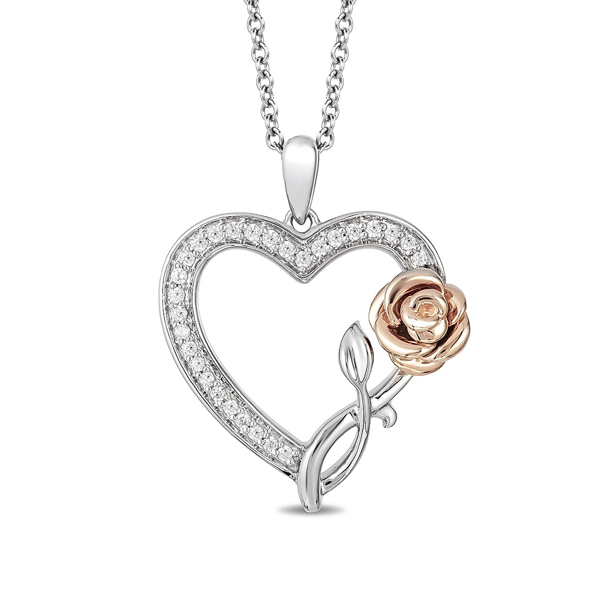 Jewelili Enchanted Disney Fine Jewelry Silver and 10K Rose Gold with 1/6 CTTW Diamonds Belle Rose with Heart Pendant