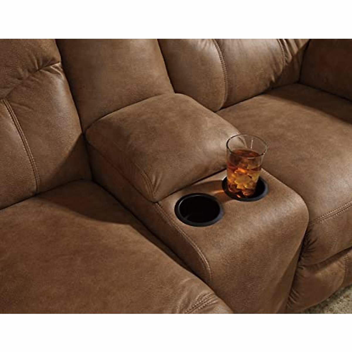 Signature Design by Ashley Boxberg Oversized Faux Leather Manual Double Reclining Loveseat with Center Console, Brown