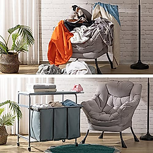 ALIMORDEN Laundry Sorter with Ironing Board Iron Rack Rolling Laundry Basket with Side pull 3-Bag Heavy-Duty Laundry Room Organizer Clothes Hamper with 4 Wheels and lid Blue Grey