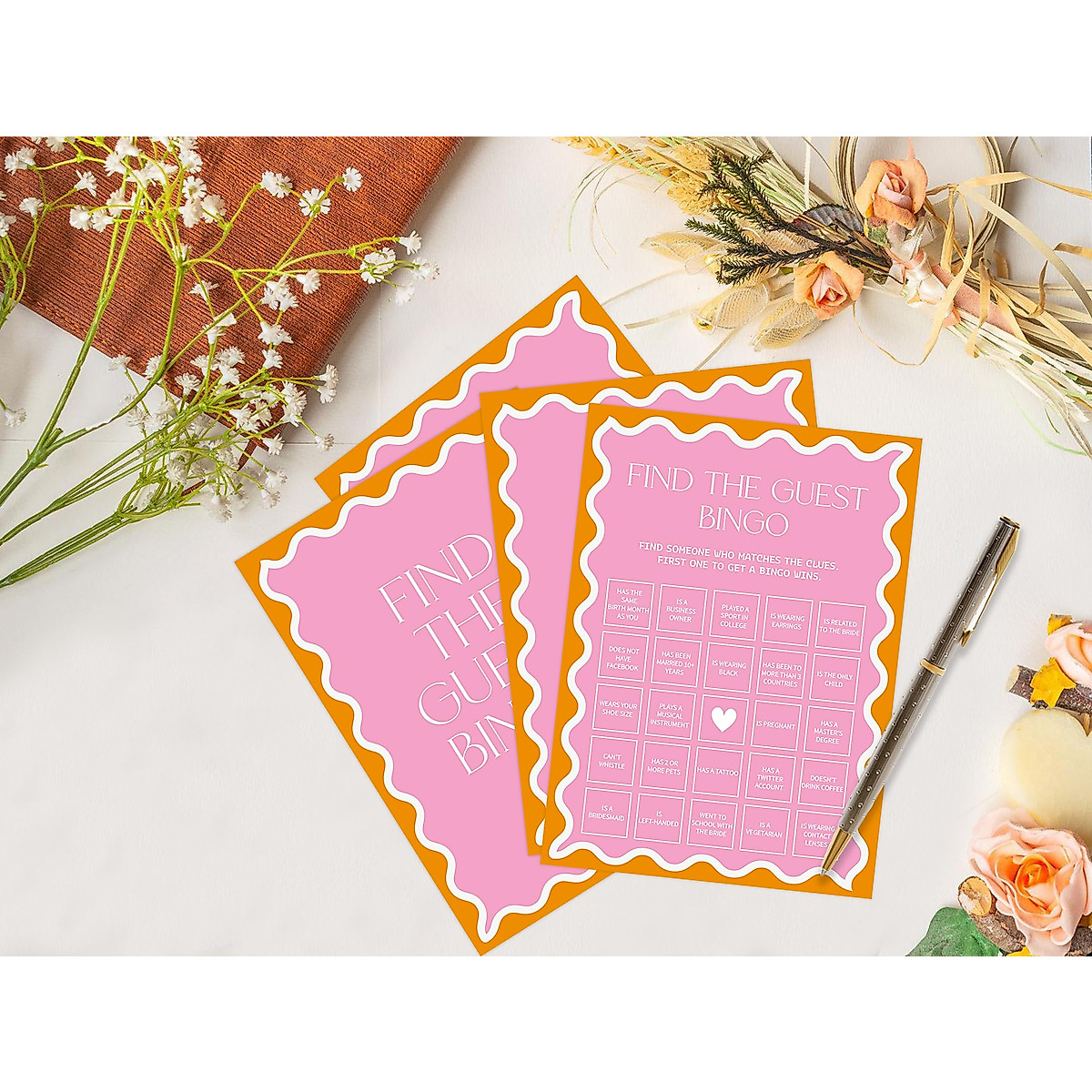 Tuyashua Pink Wavy Border Find The Guest Bingo Game for 30 Guests with Game Cards, Wavy Border Bridal Shower Game, Modern Bridal Shower Decorations, Wedding Shower or Bachelorette Party Supplies - 03