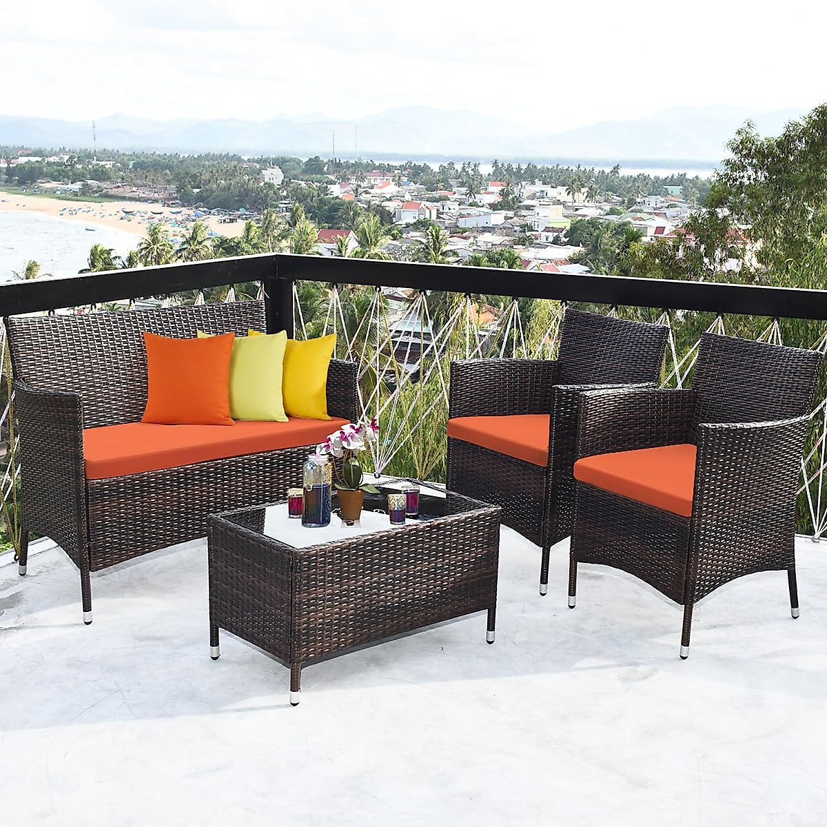Tangkula 4-PCS Patio Rattan Conversation Set, Outdoor Wicker Furniture Set with Tempered Glass Coffee Table &Thick Cushion, Rattan Chair Wicker Set for Garden, Lawn, Poolside and Backyard (1, Orange)