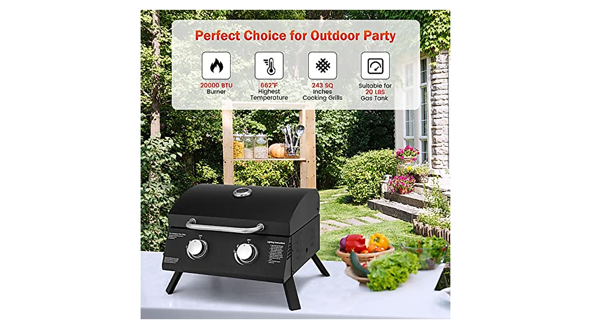 COSTWAY Portable Gas Grill – 20,000 BTU Tabletop BBQ for Outdoors