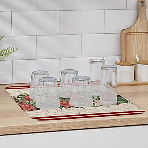 Christmas Poinsettia Dish Drying Mat for Kitchen Counter, Microfiber Rack Pads, Red Pink Xmas Botanical Vintage Absorbent Dish Bottle Drying Mat, 18''x24'', 2 Pack