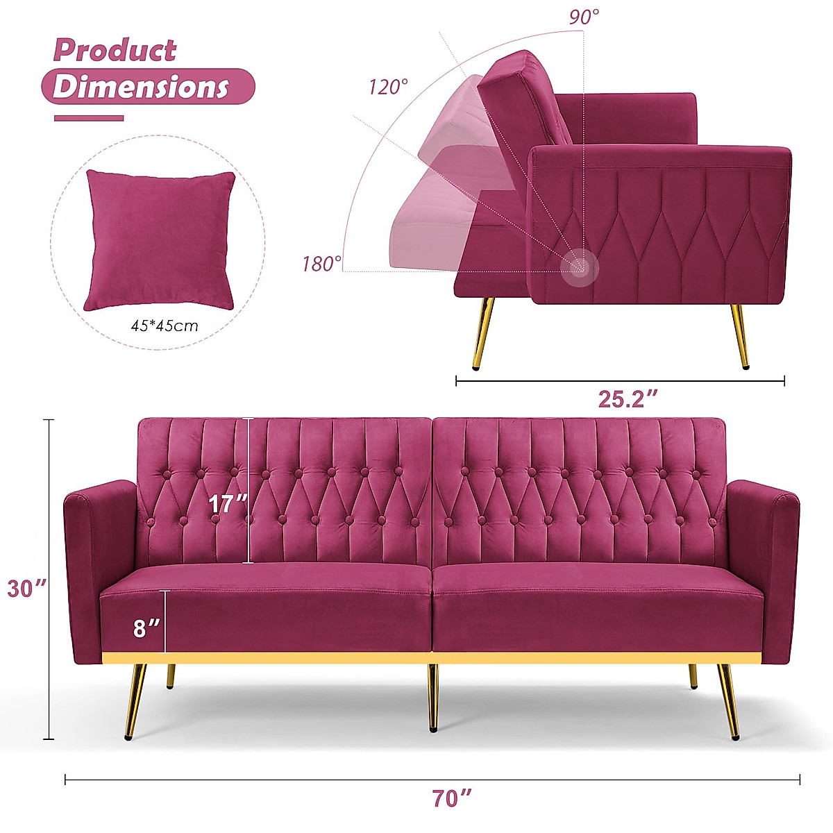 Lesofair 70" Velvet Futon with Adjustable Backrest and Armrests, Sofa Bed with with Extra Pillows for Waiting Room, Living Room and Office, Fuchsia