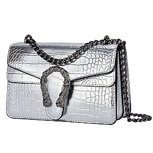 Erideno Crossbody Bags for Women Trendy Crocodile Grain Purses for Women Purse Chain Shoulder Bag Leather Handbags for Women（Silver）