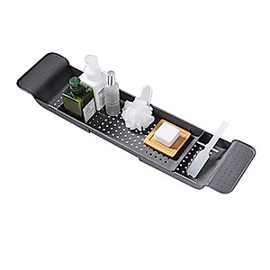 Expandable Bathtub Tray Drain Bath Caddy Tray Retractable Bath Caddy Tray Bathtub Storage Rack with Wine Glass Shelf Book Holder Candlestick Handle Dish Drain Rack