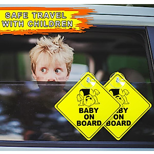2Pcs Baby on Board Sticker Sign for Cars Bright Yellow Baby On Board Warning Signs with Suction Cups for Car Window Waterproof Sunproof Durable and Strong Safety Warning Car Sticker Signs 5"x5"