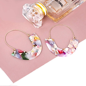 CEALXHENY Acrylic Earrings Tortoise Hoop Earrings Statement Wire Resin Earrings Fan Drop Dangle Earring for Women (D Pink Flower)