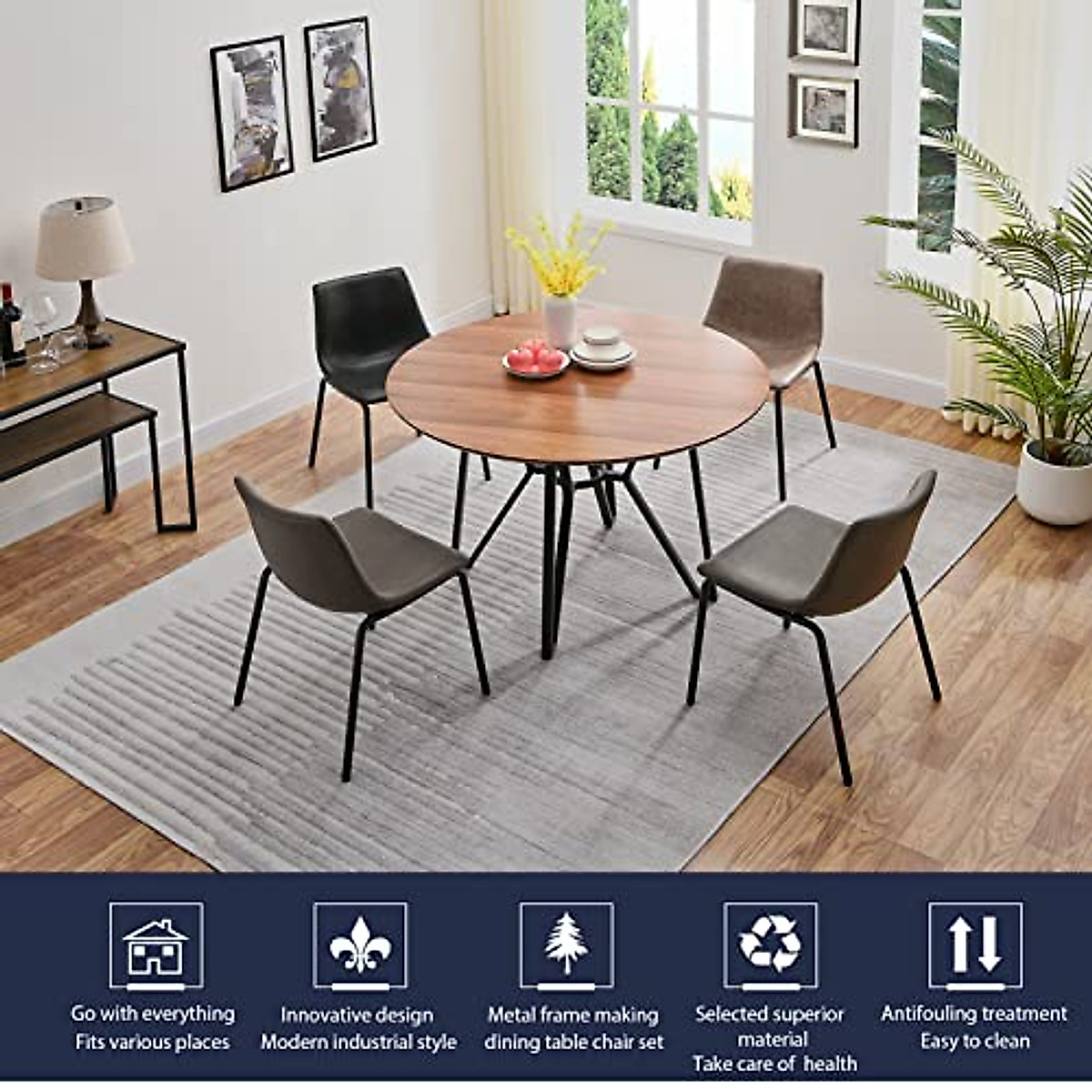 Round Dining Room Table Set with 6 Armless Upholstered Chairs 48"D Circle Kitchen Table with Metal Eedge Tabletop for Dining Room Home Kitchen, Dark Walnut+Black&Light Wheat-6P YCZ2012BW+1179LT