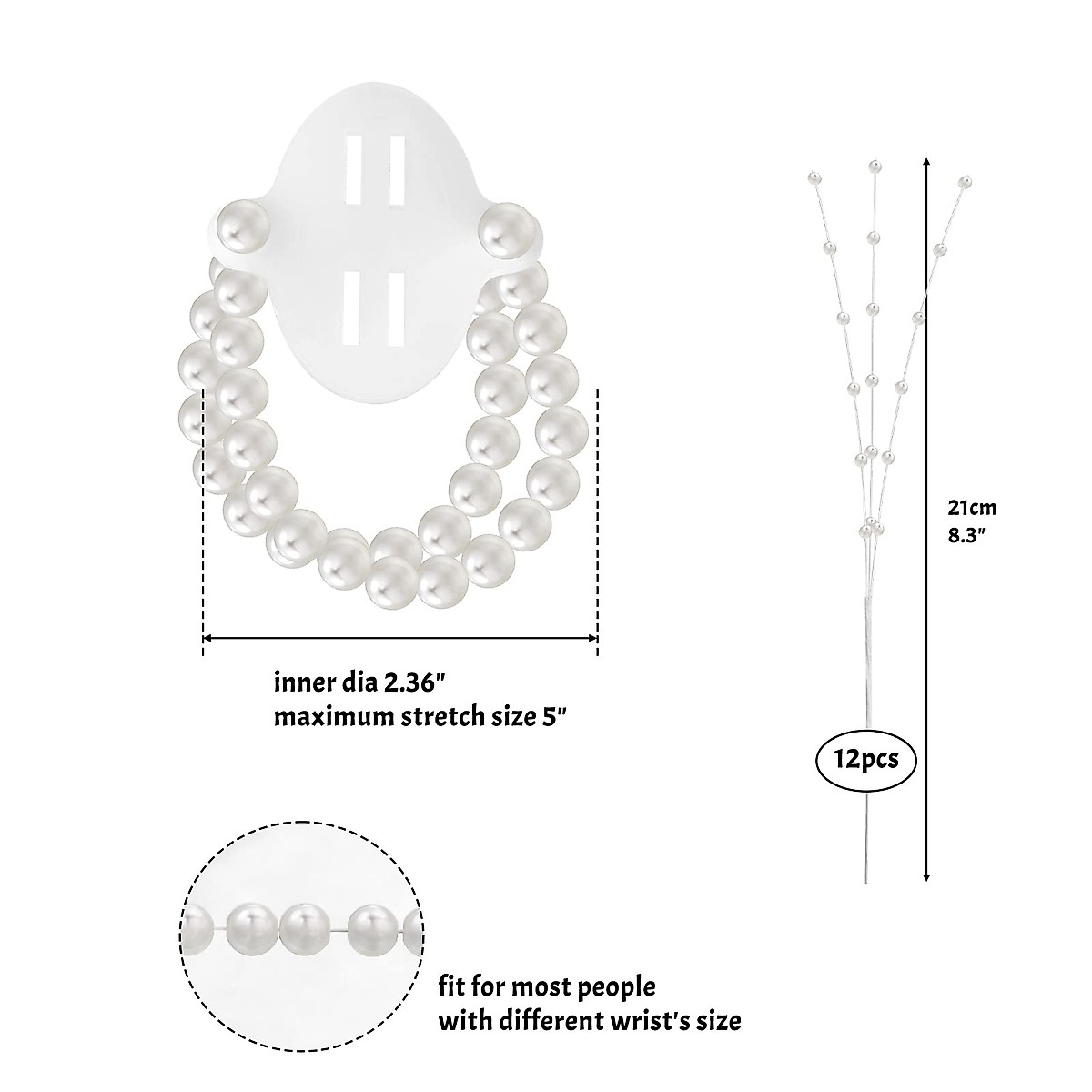 SNAIL GARDEN 12Pcs Elastic Pearl Wrist Corsage Bands, Wrist Corsage Bracelets with 12Pcs Pearl String, Faux Pearl Bead Corsage Accessories Bracelets for Wedding Prom Bride Bridesmaid Handmade Corsage