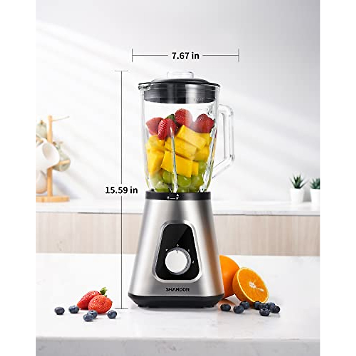 Blender for Shake and Smoothies, SHARDOR Powerful 1200W Countertop Blender for Kitchen, 52oz Glass Jar, 3 Adjustable Speed Control for Frozen Fruit Drinks, Smoothies, Sauces & More, Sliver