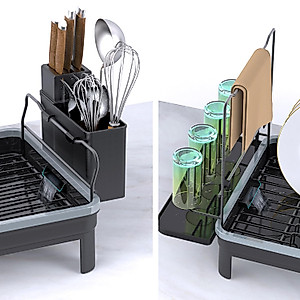 Junyuhomeline Dish Drying Rack, Space-Saving Dish Rack Rustproof Dish Drainers for Kitchen Counter with Drainboard Adjustable Swivel Spout, Utensil Holder and Rack for Cups & Dish Cloth, Black