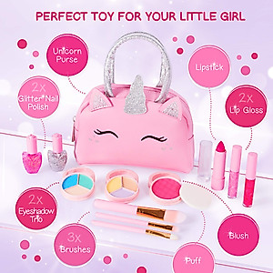 Kids Real Makeup Kit for Little Girls: with Pink Unicorn Purse - Real, Non Toxic, Washable Make Up Toy - Gift for Toddler Young Children Pretend Play Set Vanity for Ages 3 4 5 6 7 8 9 10 Years Old