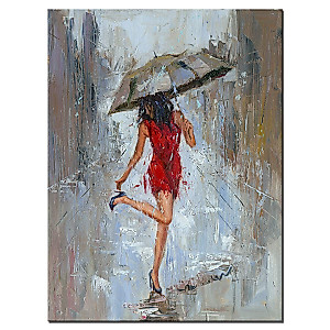 Abstract Canvas Print Rain Modern Wall Art Painting Girl Umbrella with Red Dress Walking in Street Figure Artwork
