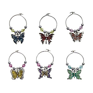6pcs Wine Glass Charms Butterfly Sterling Glass Wine Pendant Ring Charms Table Decor