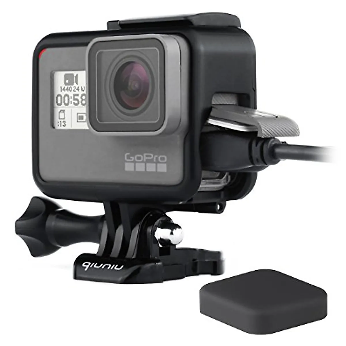 Frame Mount Housing Case for GoPro Hero 5/6/7 Black Action Camera - Protective Case with Quick Release Buckle, Long Thumb Bolt Screw, and Lens Cap - Black