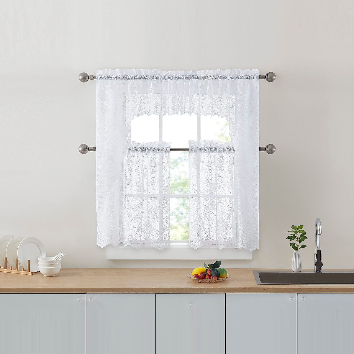 RENAISSANCE HOME FASHION Lacey Embroidered LACE Tier Pair