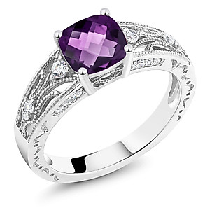Gem Stone King 0.86 Ct Cushion Checkerboard Purple Amethyst 925 Sterling Silver Ring (Size 7)
