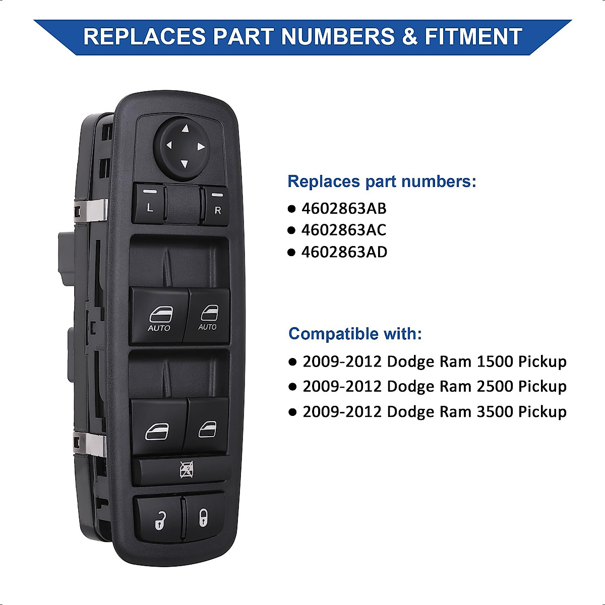 Driver Side Power Window Switch Compatible with 2009-2012 Dodge RAM 1500/2500 / 3500 Quad & Crew Cab Pickup, Double Auto Buttons (Without Power-Fold Mirrors, Replaces 4602863AB, 4602863AC)