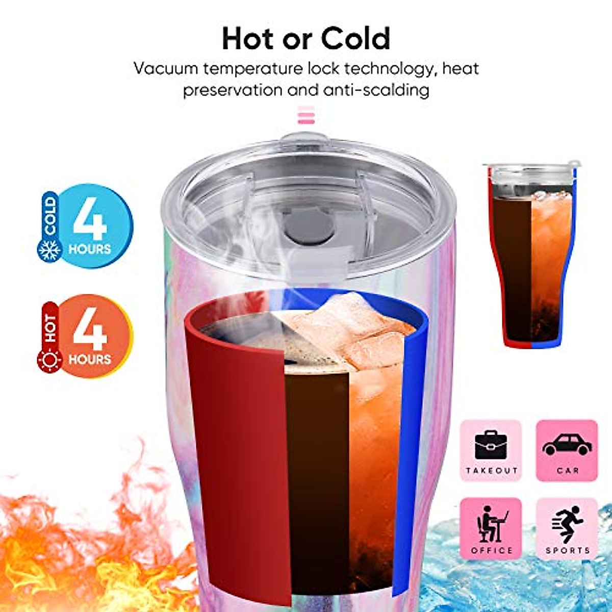 ZONZHI 17oz(500ml) Insulated Tumbler with Lids and Straws & Free Cleaning Brush, Small Reusable Stainless Steel Iced Coffee Tumbler Travel Mug Wine Cup,Keep Drinks Cold 6 Hours,Hot 3 Hours - Rainbow