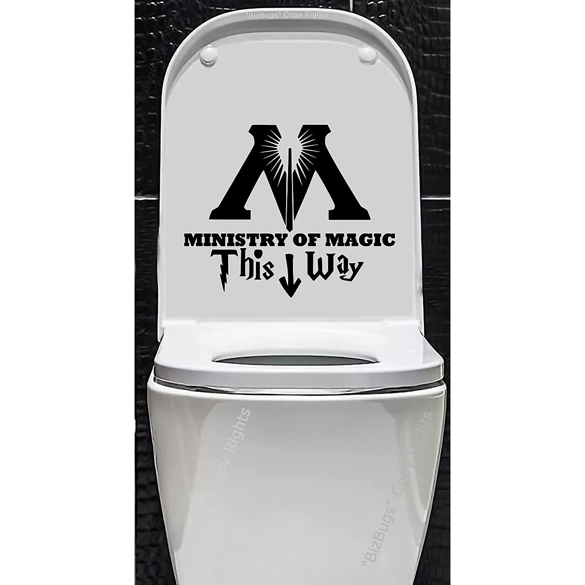 MINISTRY OF MAGIC THIS WAY Decal Die Cut Vinyl Funny Humor Quote, | FREE SWITCH DECAL | , Black, 7.5 Inches Bathroom Toilet Seat Sticker.