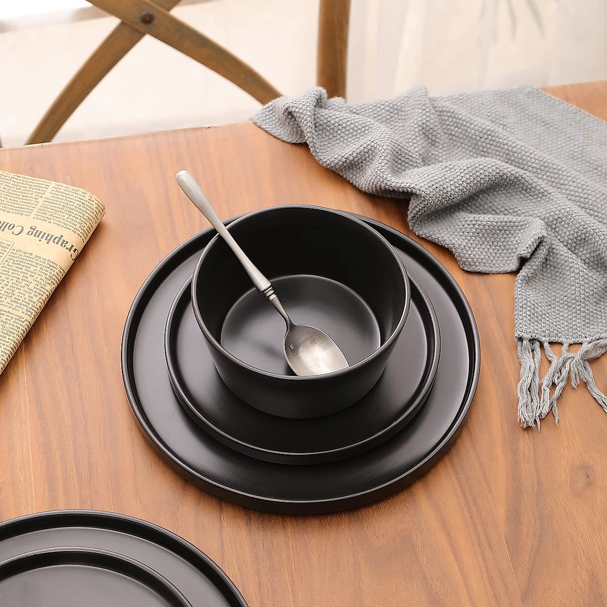 Stone Lain Celina Modern Stoneware 24-Piece Dinnerware Set, Dinner and Salad Plates, Soup Bowls, Dish set for 8, Black