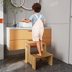 Wooden Step Stool,Two Step Stool for Kids,Toddler Montessori Stool Supports 300 lbs Kids Toddler Stepping Stool for Bathroom Sink/Toilet/Kitchen/Bed,Natural