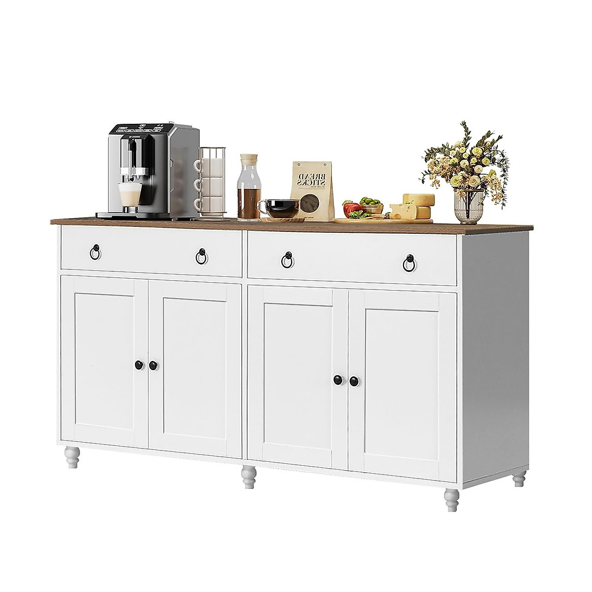 4 EVER WINNER Sideboard Buffet Cabinet, 55” White Coffee Bar Buffet Cabinet with Storage 4 Doors& 2 Drawers, Kitchen Buffet Storage Sideboards Cabinets Table Credenza Cupboard for Living Dining Room
