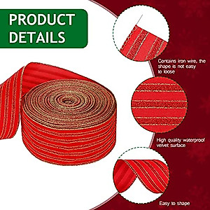Christmas Wired Velvet Ribbon with Gold Edge, Velvet Waterproof Ribbon Wrapping Velvet Decoration Ribbon for Xmas Wreath Bows Floral Craft Ornaments, Red Stripes (4 Inch by 60 Yard)