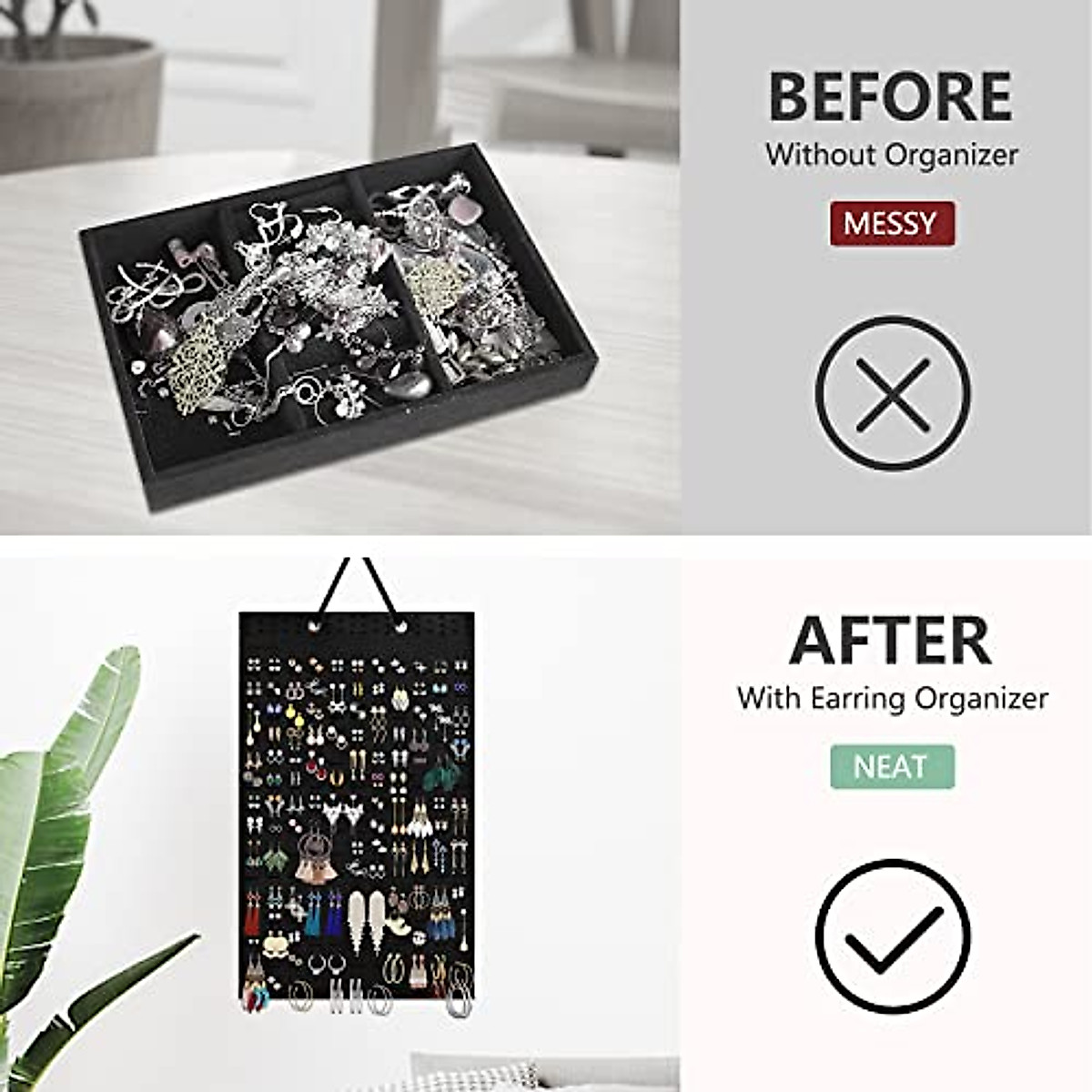 AinsListy Earring Organizer Hanging Earring Holder, Holds Up To 330 Pairs, Soft Felt Wall Mount Earring Display Holder Stud Earrings Organizer for Women Girls - 2 Pack (Include Metal Hook and Rope)