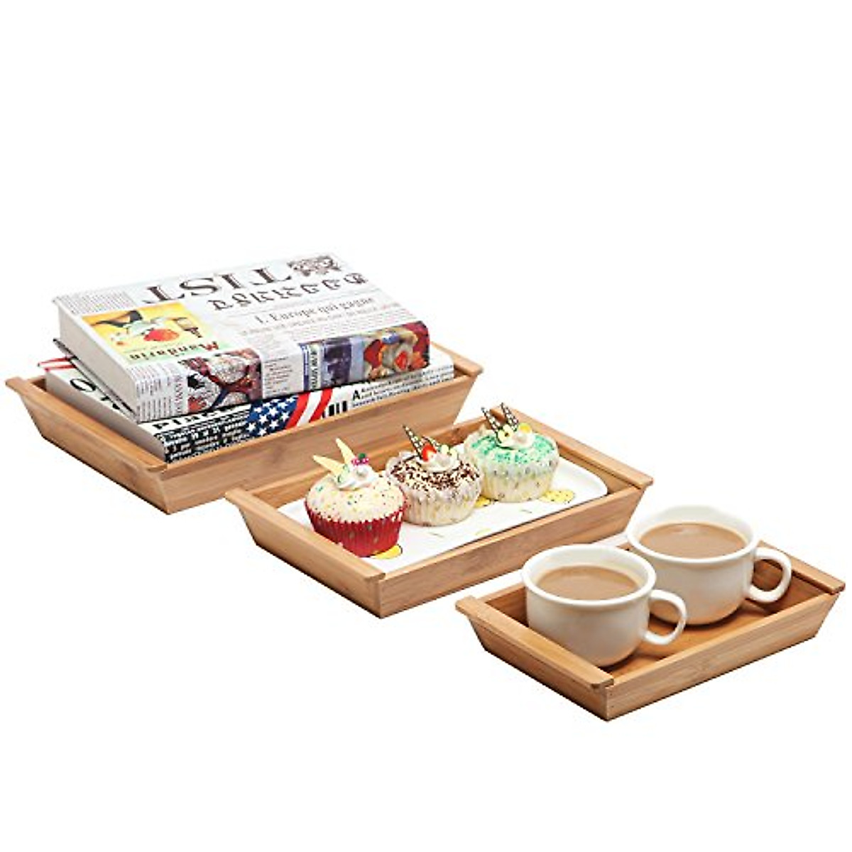 MyGift Natural Bamboo Nesting Small Serving Tray with Handles, Wooden Decorative Trays, Set of 3