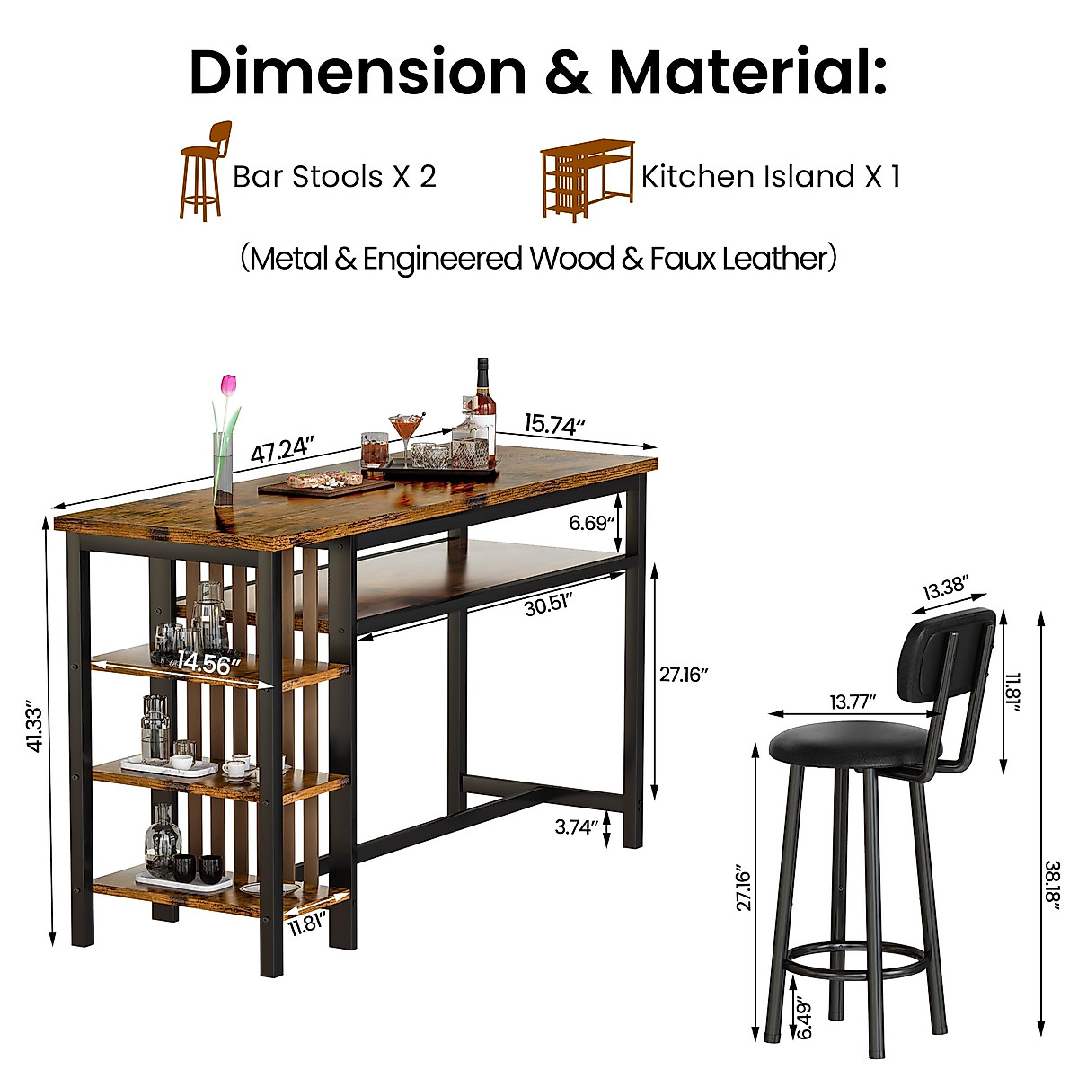 DKLGG 47" Bar Table and Chair Set, Small Kitchen Counter Dining Table Set for 2, 3 Piece Bar Height Table with 2 Stools & Storage, Pub Table Dining Set for Breakfast Nook, Small Space