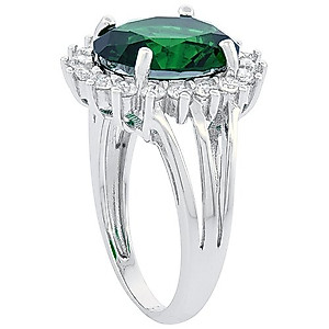 Sterling Silver Oval Emerald Ring Sunburst CZ Rhodium Finish, 11/16 inch wide, size 6