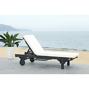 SAFAVIEH Outdoor Collection Newport Black/ Beige Cushion Built-in Side Table Adjustable Chaise Lounge Chair