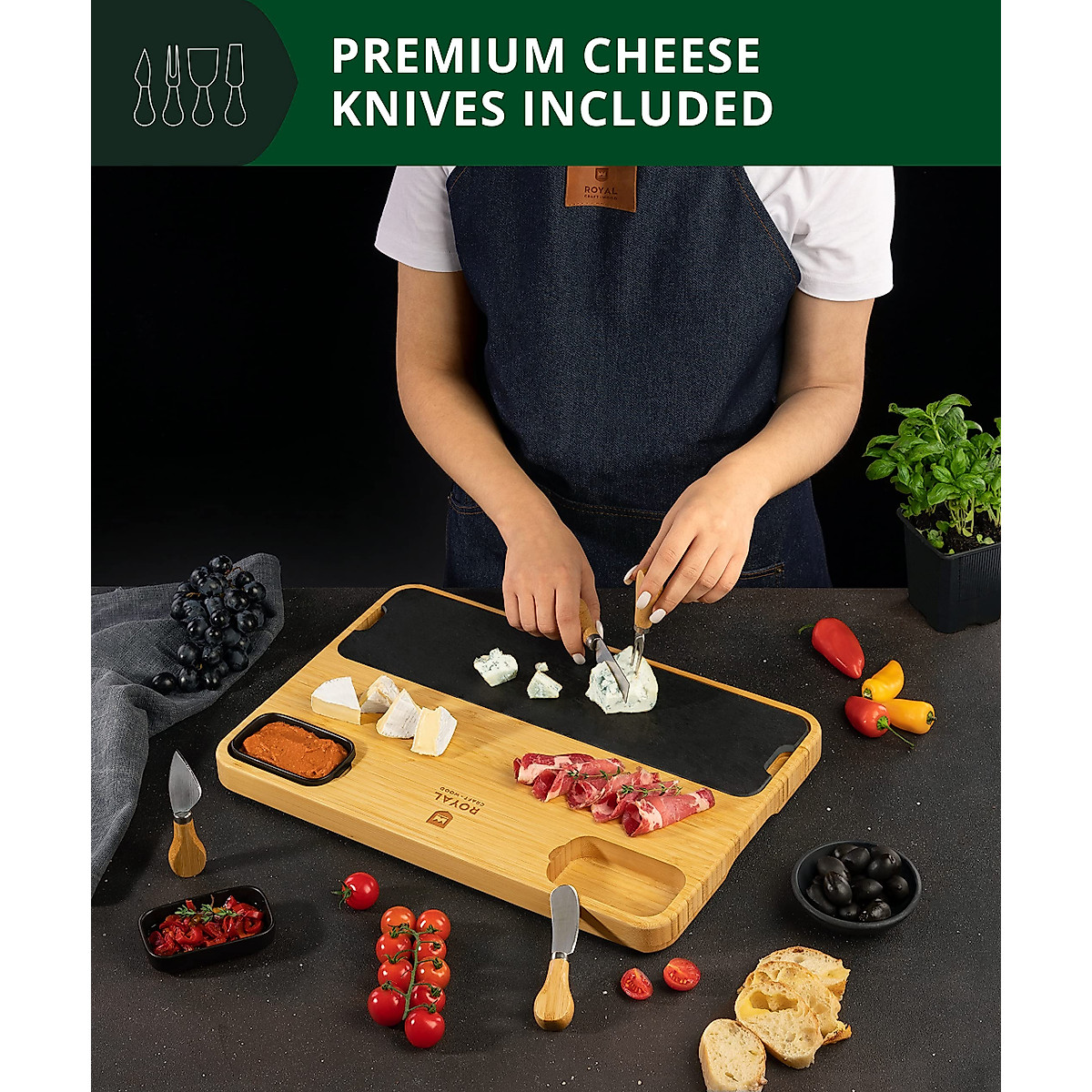 ROYAL CRAFT WOOD Extra Large Bamboo Cheese Board and Knife Set - With Slate Plate and Sauce Bowls