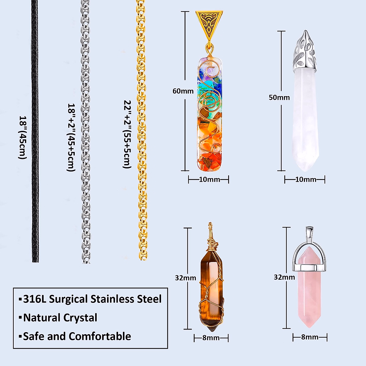 Paffartt 8Pcs Crystal Necklace for Women Men Healing Energy Crystal Pendant Gemstones Necklace Red Agate Amethyst Carnelian Crystal Necklaces Natural Quartz Jewelry