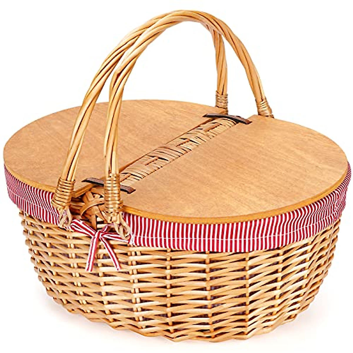 Wicker Picnic Basket with Liner, Wooden Split Lid Picnic Basket, Vintage-Style Wicker Picnic Hamper with Folding Woven Handle for Picnic, Camping, Outdoor, Valentine Day, Thanks Giving, Birthday (Red)