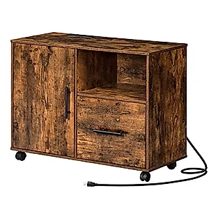 HOOBRO Wooden Office File Cabinet, 1-Drawer Lateral Filing Cabinet with Charging Station, Printer Stand with Open Storage, for A4, Letter Size, for Office, Study, Rustic Brown FG21UWJ01