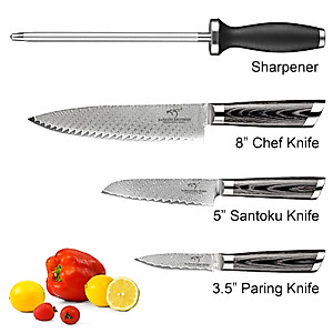 NANFANG BROTHERS Damascus Knife Set 4 PCS, Japanese Knife Set, Chefs Knife Sets Professional, Kitchen Knife Set, 8" Chef Knife, 5" Santoku Knife, 3.5" Paring Knife and Sharpener