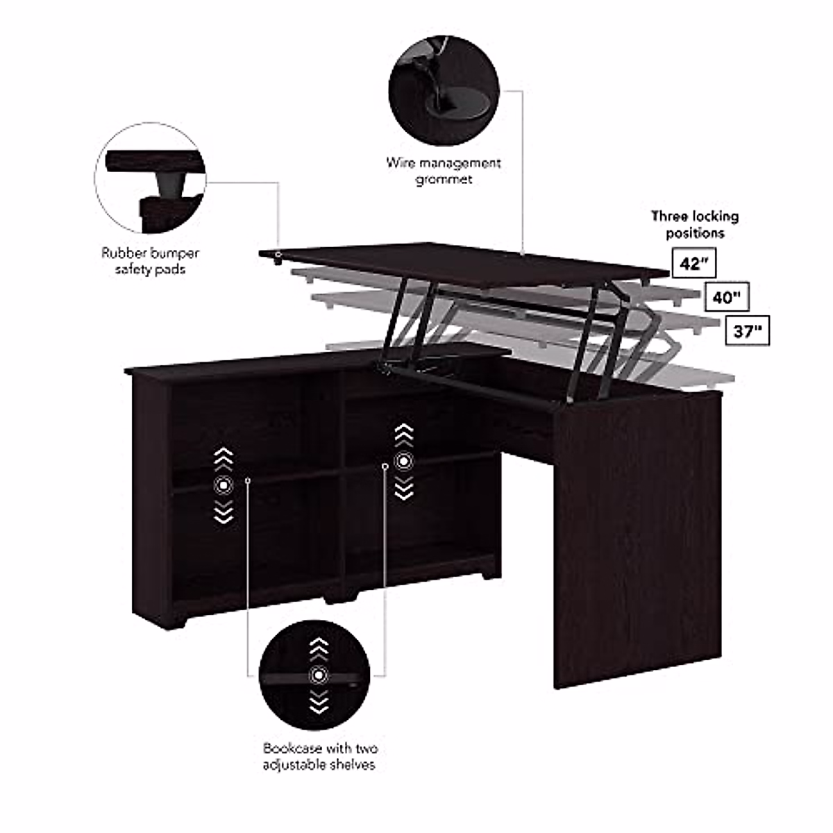 Bush Furniture Cabot 52W 3 Position Sit to Stand Corner Bookshelf Desk in Espresso Oak