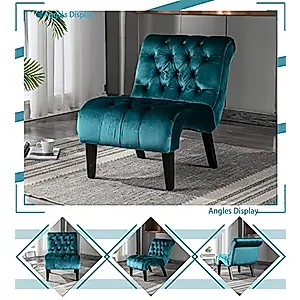 SmartDer Comfy Velvet Accent Chair, Upholstered Armless Side Chair for Living Room, Modern Lounge Chair with Tufted Back and Rolled Edge Design, Comfy Reading Chair with Solid Rubber Wooden Legs,Teal
