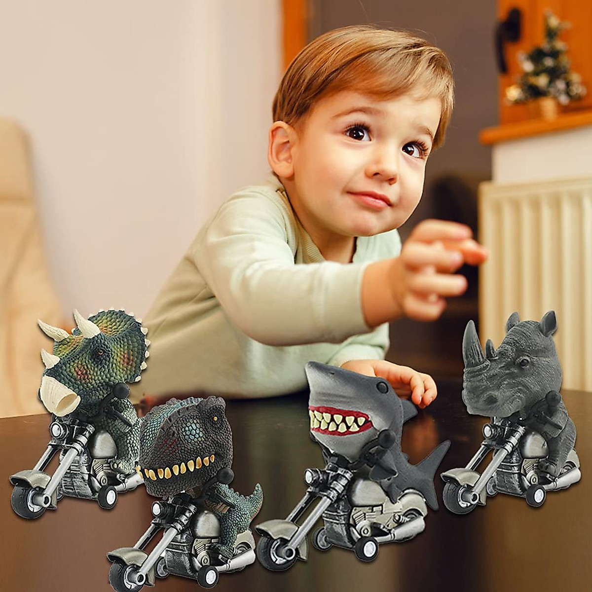 Dino Toys 4PCS Friction Powered Inertia Animal Motorcycle Toy Vehicle Gifts for Kids Boys Age 3,4,5,6,7,8Shark Toy Car ，Special Rhino Toy ，Dinosaur Motorcycle Game T-Rex and Triceratops Monster.