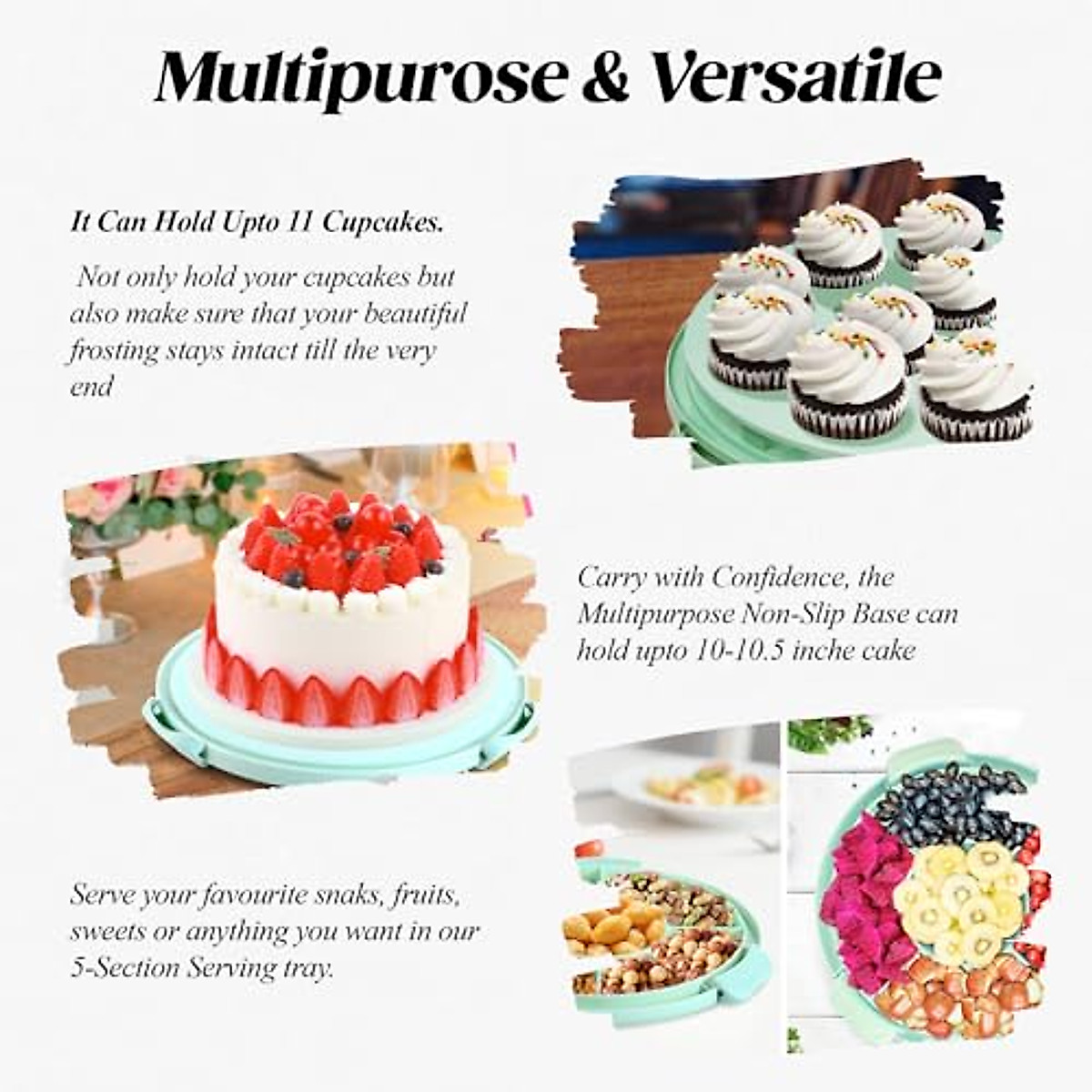 Plastihut Cake Carrier With Lid and Handle – All In 1 Multipurpose Cake Storage Container Fits 10" Cake, 11 Cupcakes & A Cake Plate Serves as 5 Section Serving Tray for Snacks & Fruit - Mint